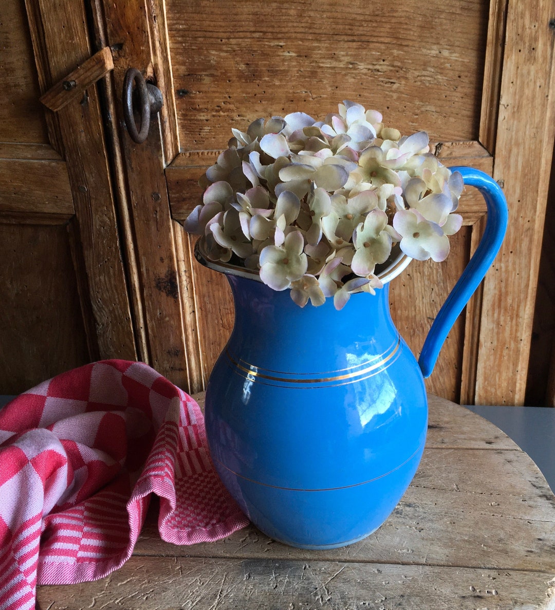 ENAMEL Vintage French Jug, Pitcher. Lovely Bleu With Gold Rims and ...
