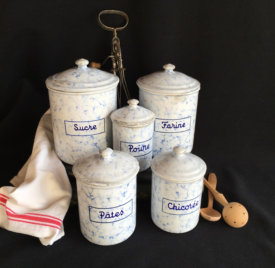5 WHITE With Bleu clouds Vintage French Enamel Kitchen Jars, Canisters ...