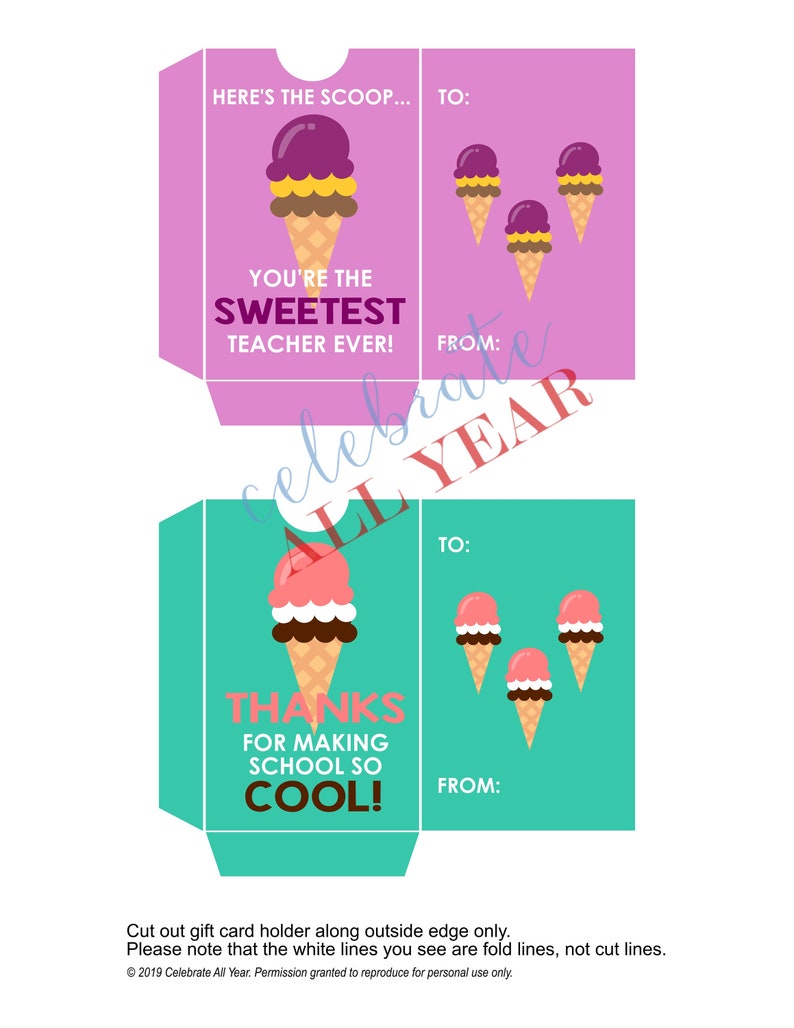 Teacher Appreciation Ice Cream Gift Card Holders - Etsy