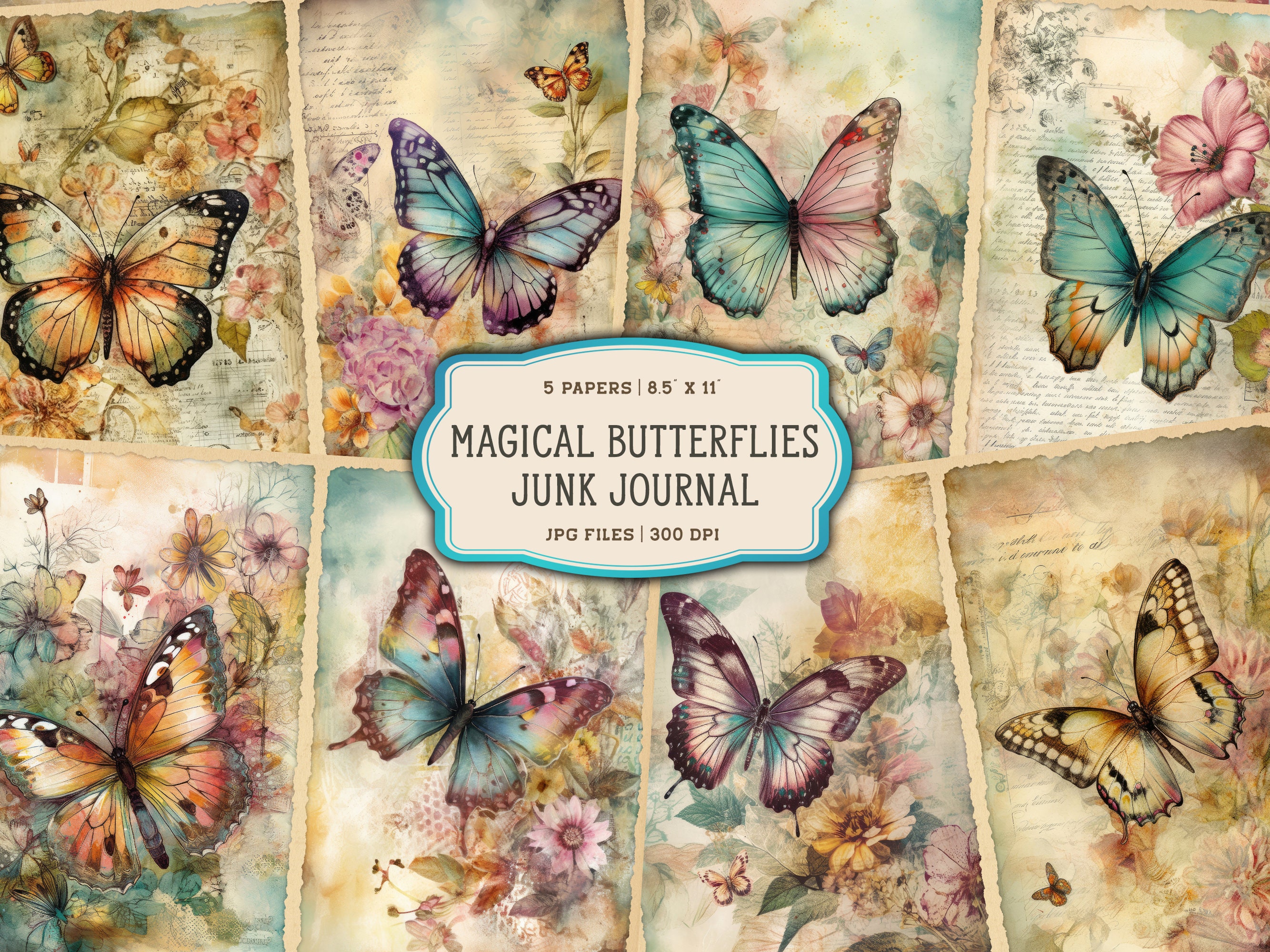 Watercolor Butterfly Junk Journal Pages, Fantasy Vintage Butterflies ...