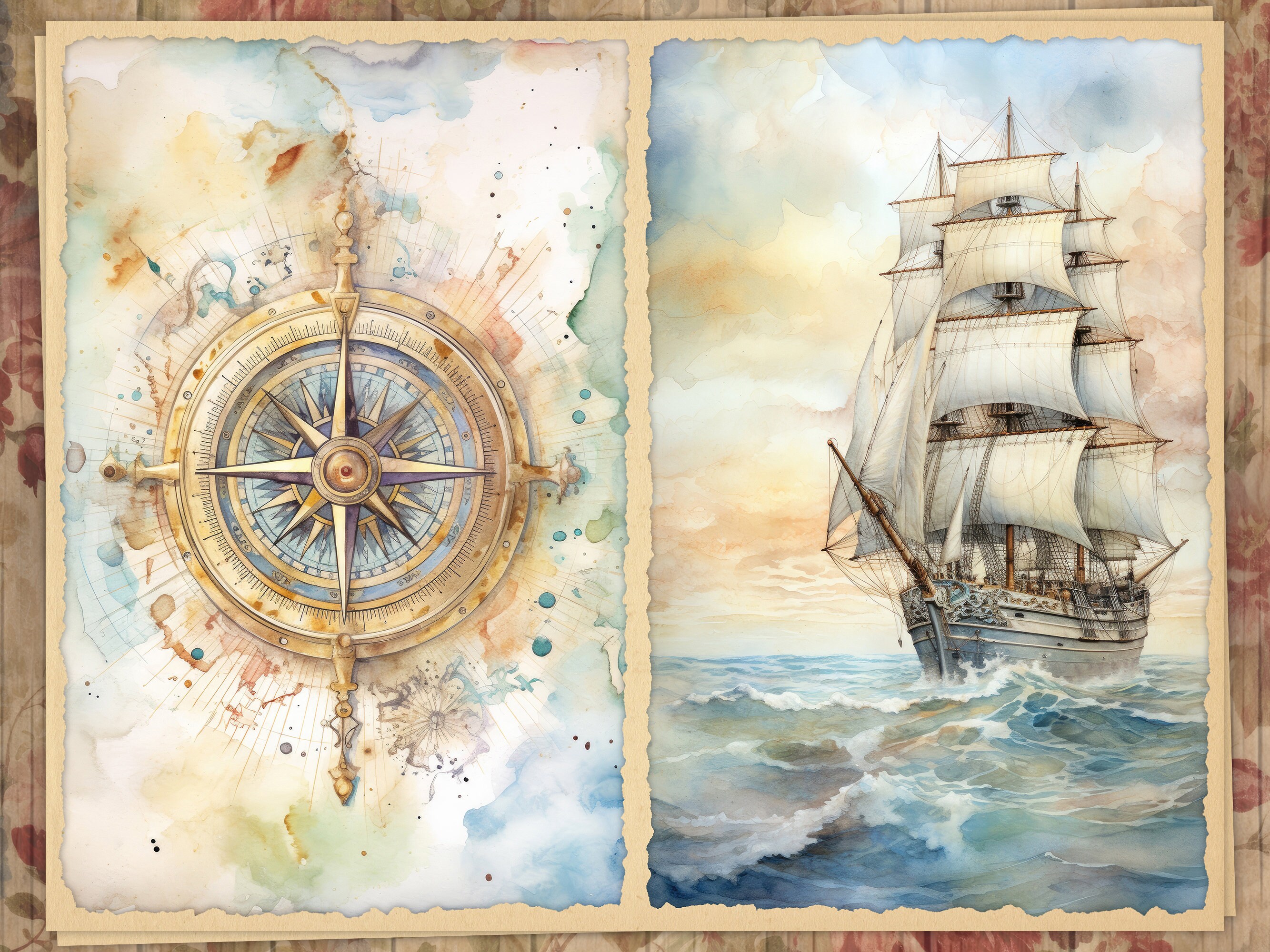 Watercolor Nautical Junk Journal Pages, Nautical Junk Journal Kit ...