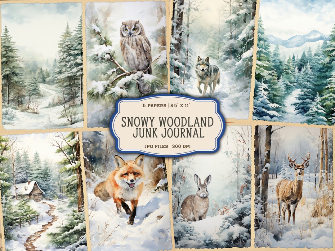 Watercolor Forest Junk Journal Printable Pages, Winter Woodland Animals ...