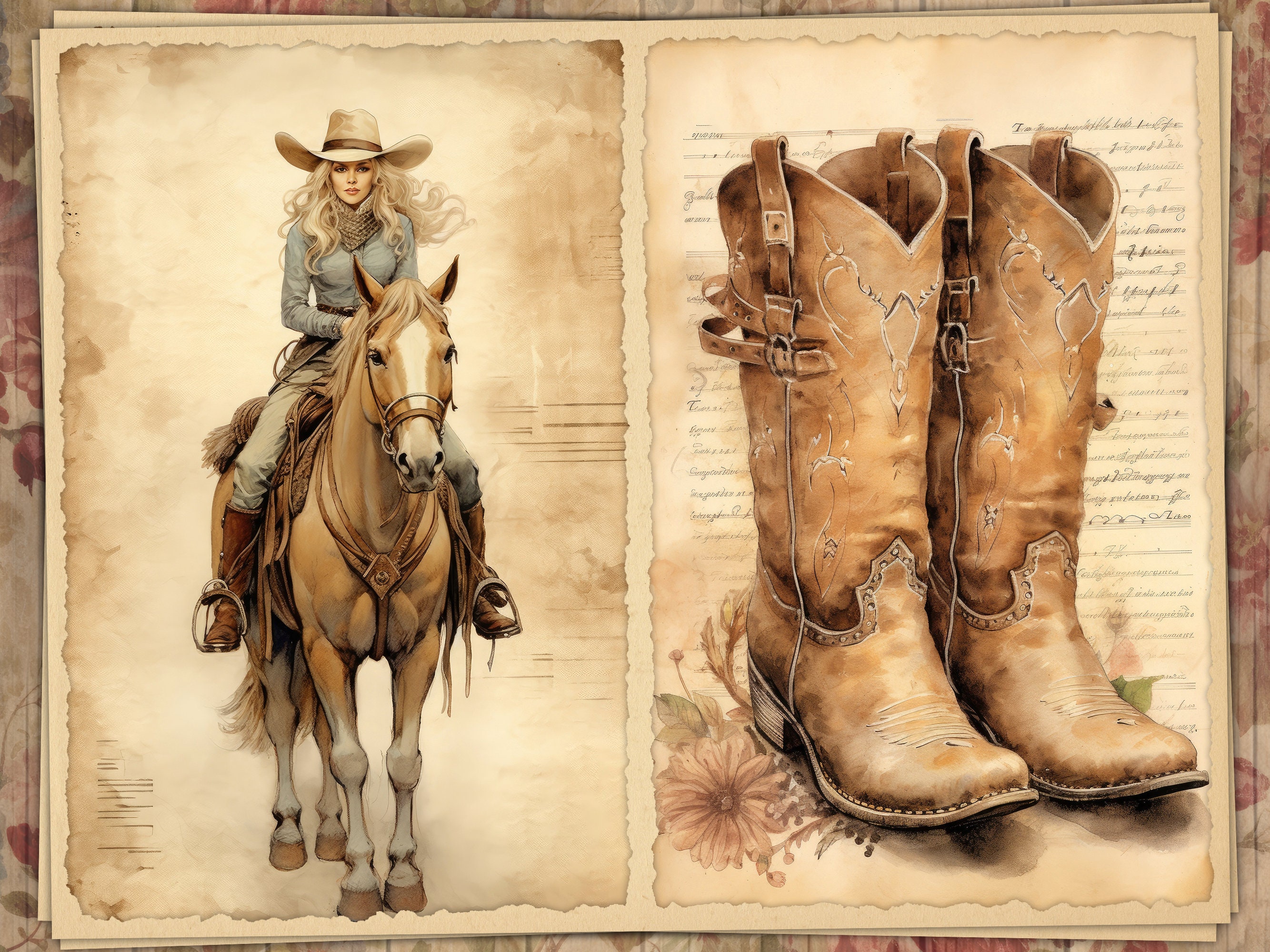Watercolor Western Junk Journal Printable Pages, Cowboy Junk Journal ...