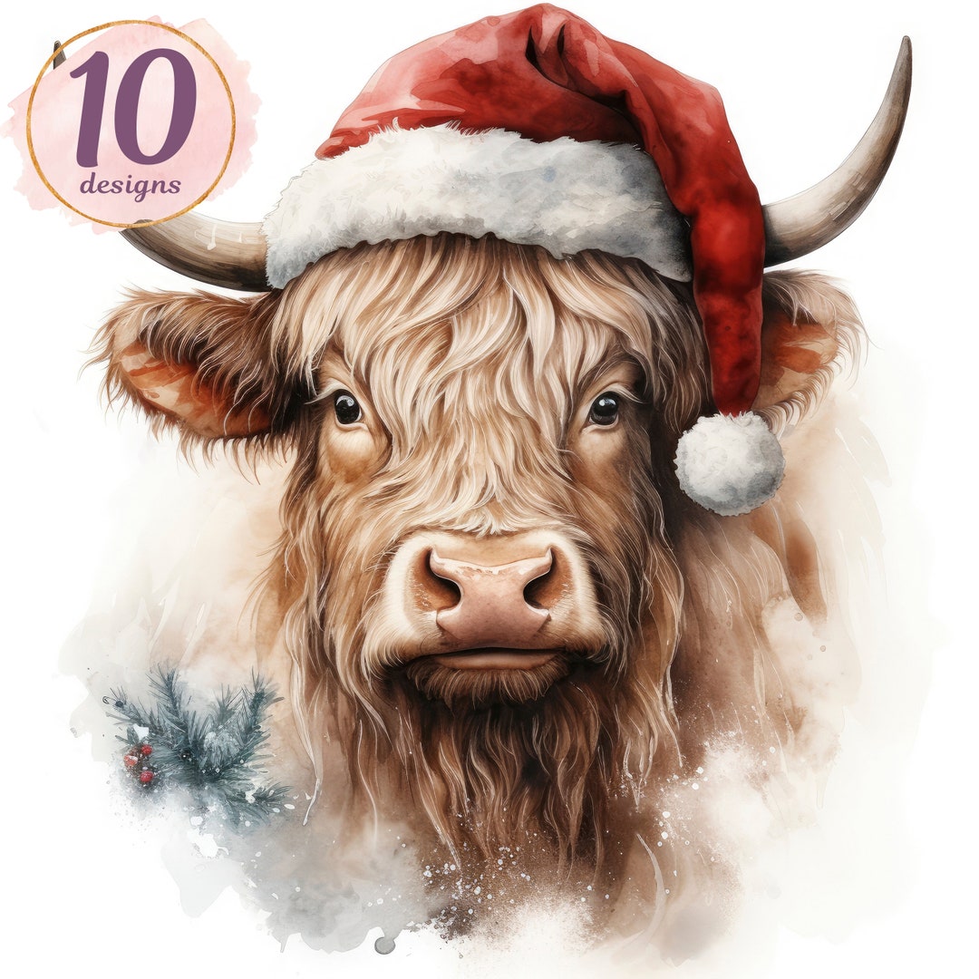 Christmas Highland Cows Clipart, Watercolor Highland Cow Bundle, Junk ...