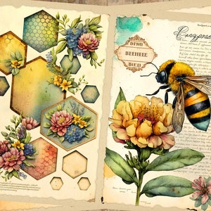 Watercolor Bee Junk Journal Pages, Vintage Bee Junk Journal Kit ...