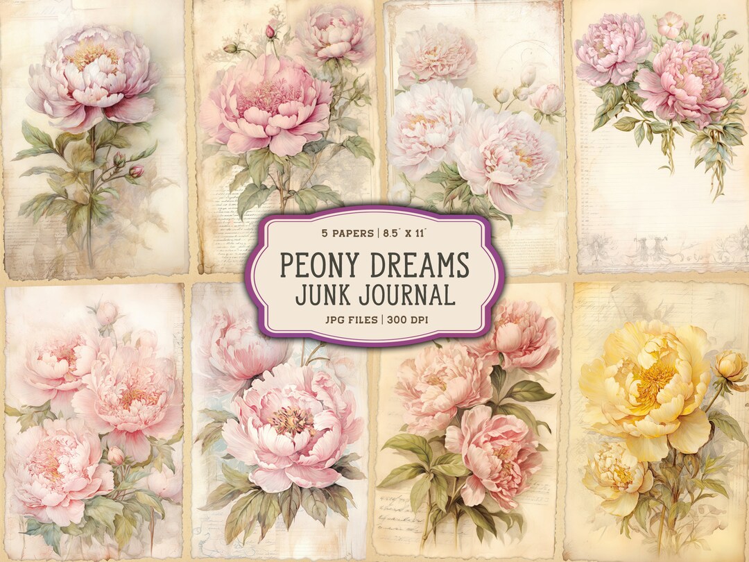 Watercolor Peonies Junk Journal Printable Pages, Vintage Peony Junk ...