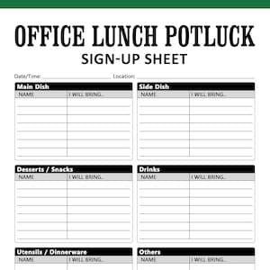 Office Lunch Potluck Sign up Sheet PRINTABLE Template, Work Celebration ...