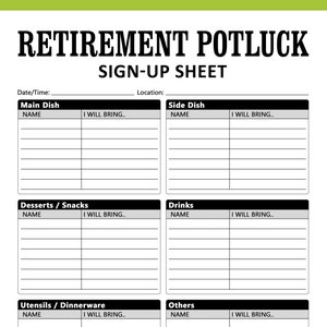 Retirement Potluck Sign up Sheet Printable Template, Brunch Dinner ...