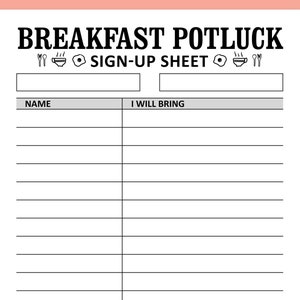 Breakfast Potluck Sign up Sheet Printable Template, Morning Celebration ...