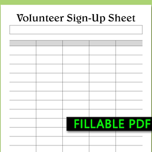 VOLUNTEER Sign up Sheet Printable Fillable PDF Letter Size, Blank ...