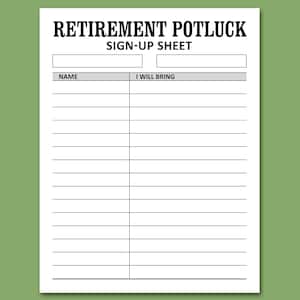 Retirement Potluck Sign up Sheet Printable Template, Brunch Dinner ...
