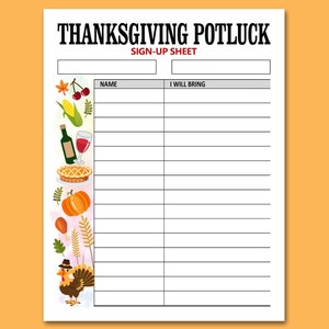 Thanksgiving Potluck Sign up Sheet Printable Letter Size, Thanksgiving ...