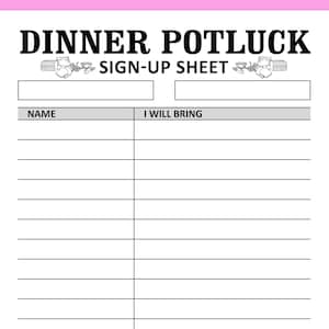 Dinner Potluck Sign up Sheet PRINTABLE Template, Office Celebration Co ...