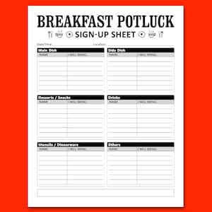 Breakfast Potluck Sign up Sheet Printable Template, Morning Celebration ...
