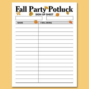 Fall Potluck Sign up Sheet Printable, Signup Form, Fall Party Potluck ...
