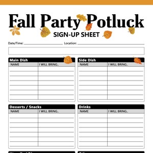 Fall Party Potluck Sign up Sheet Printable, Signup Form, Fall Potluck ...