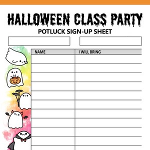 Halloween Class Party Potluck Sign up Sheet Printable, Halloween School ...