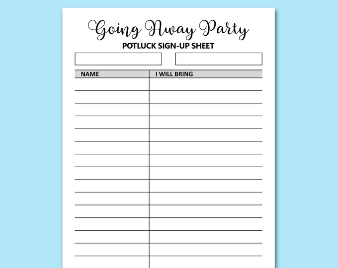 Potluck Sign up Sheet Going Away Potluck Sign up Sheet Going Away ...