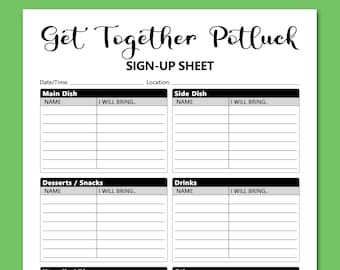 Get Together Potluck Sign up Sheet Printable, Signup Form Potluck ...