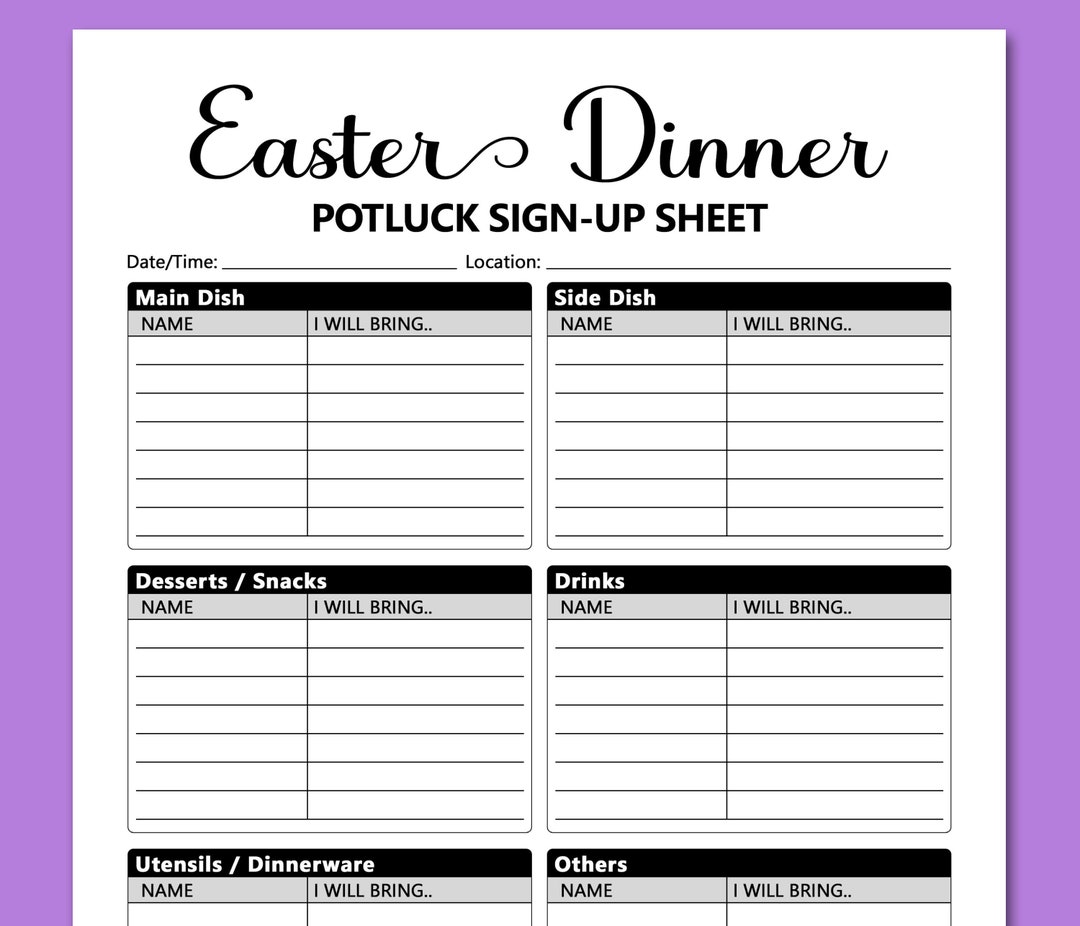 Easter Dinner Potluck Sign up Sheet Printable, Signup Form Potluck ...
