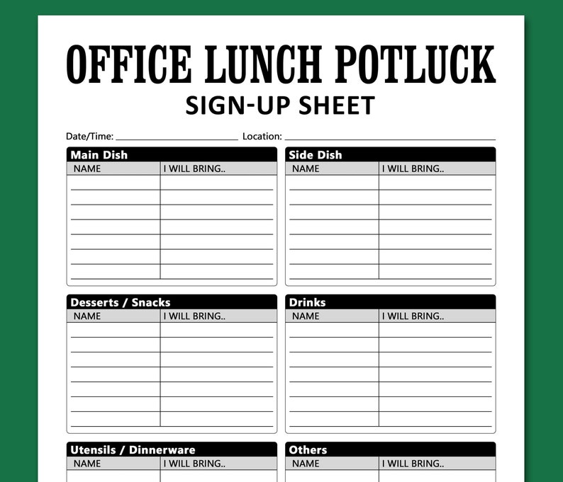 Office Lunch Potluck Sign up Sheet PRINTABLE Template, Work Celebration ...