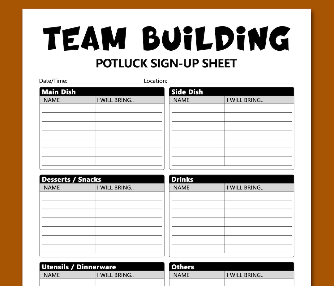 Team Building Potluck Sign up Sheet Printable, Signup Form Potluck ...