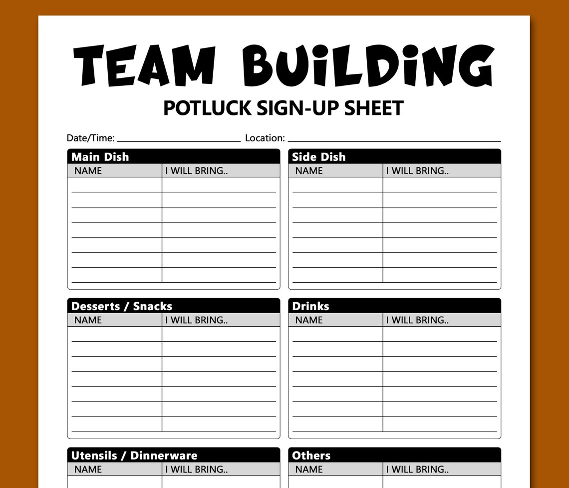 Team Building Potluck Sign up Sheet Printable, Signup Form Potluck ...