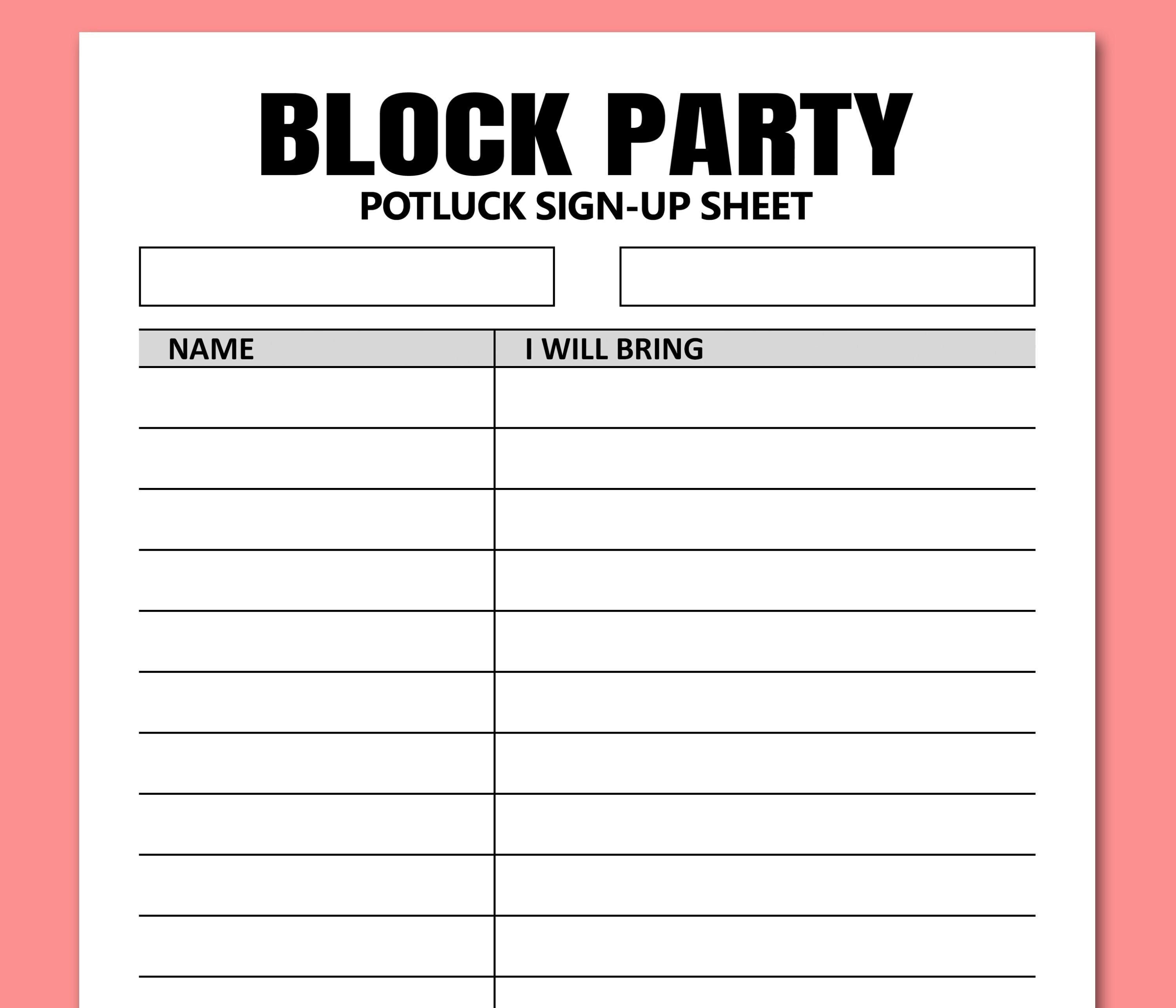 Block Party Potluck Sign up Sheet Printable, Signup Form Potluck Dinner ...