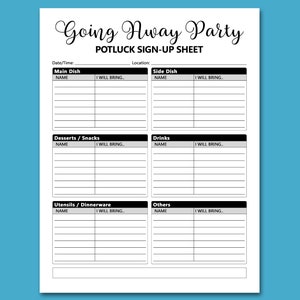 Going Away Party Potluck Sign up Sheet Printable, Signup Form Potluck ...