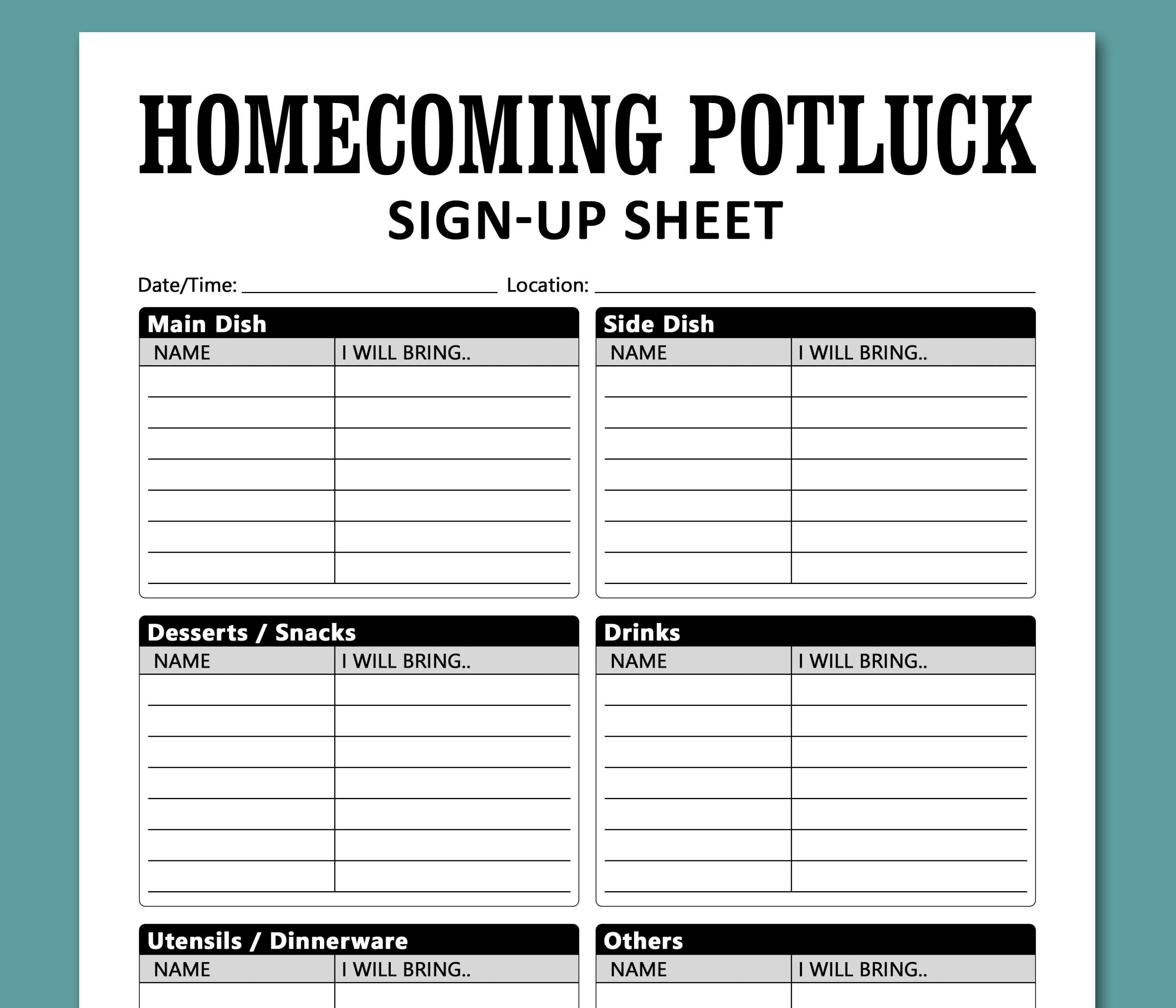 Homecoming Potluck Sign up Sheet Printable Template, Celebration ...