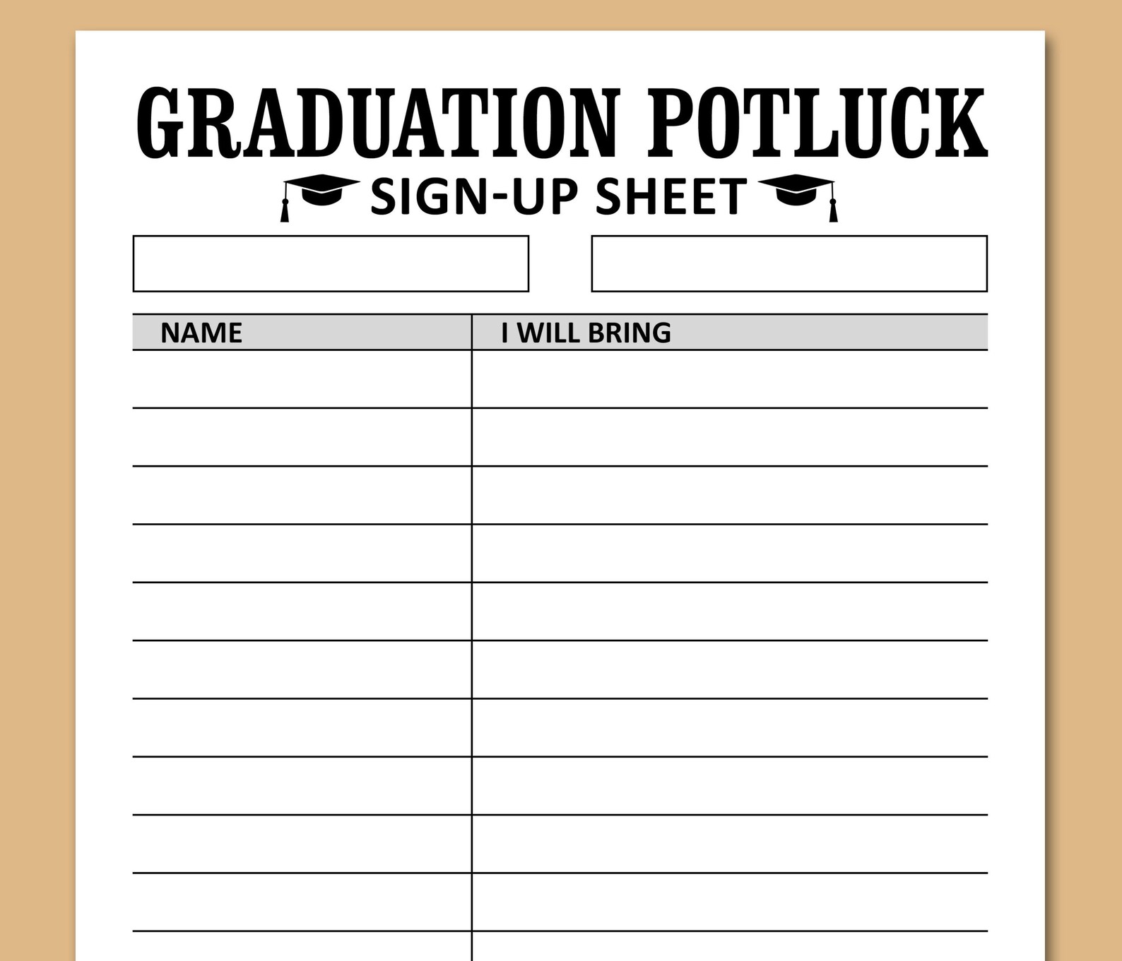 Graduation Potluck Sign up Sheet Printable Template, School College ...