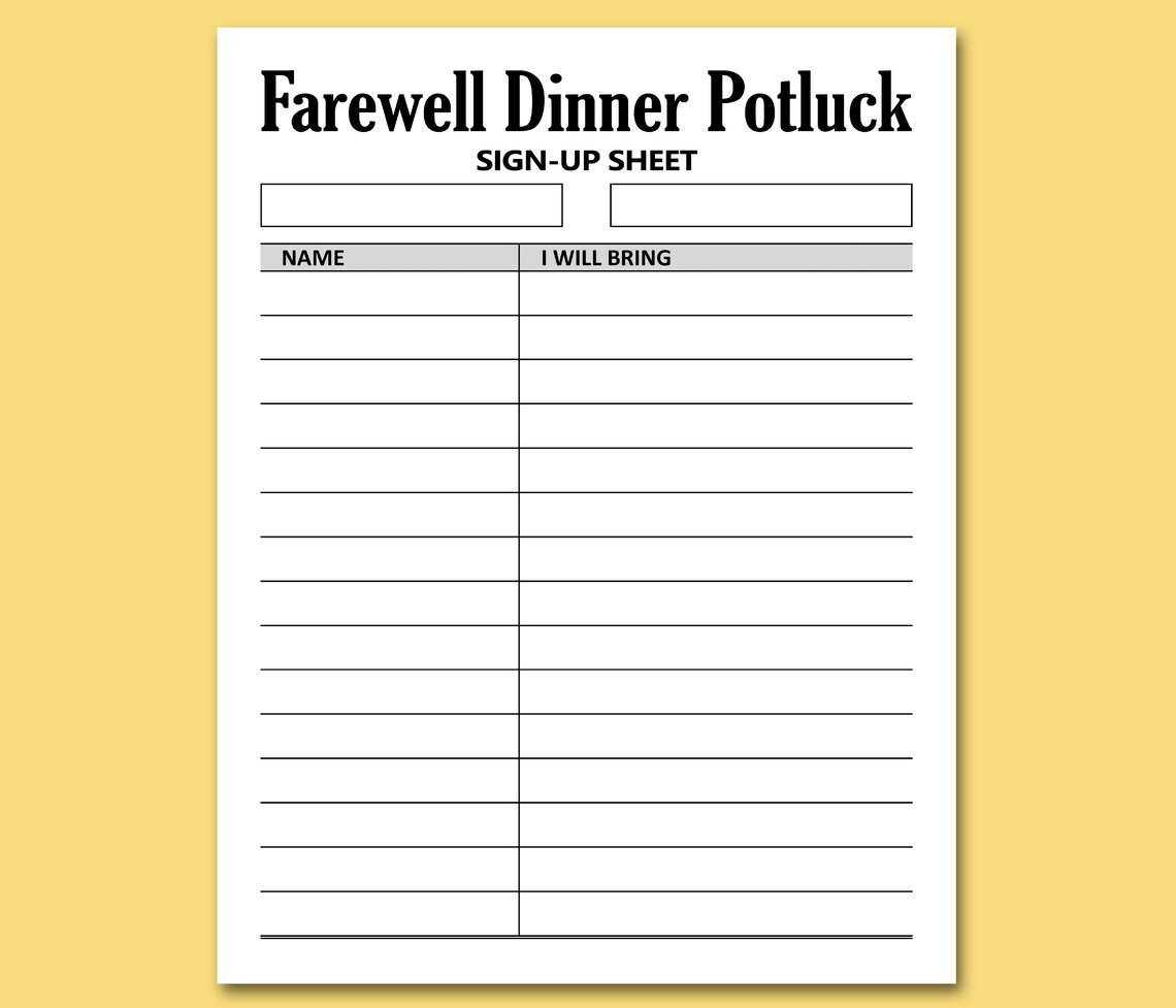Farewell Dinner Potluck Sign up Form PRINTABLE, Party Signup Sheet ...