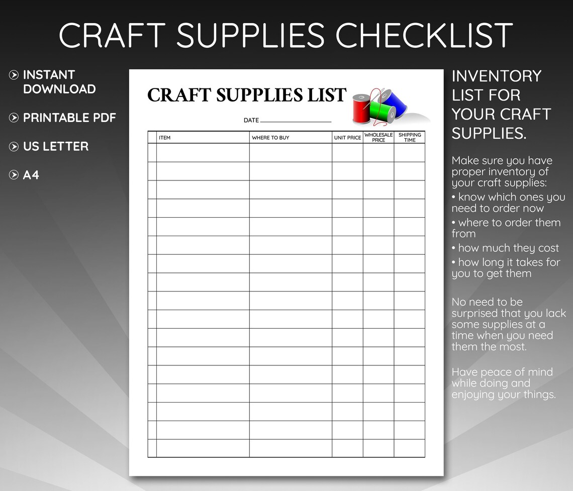 Craft Supplies Checklist Printable Instant Download - Etsy