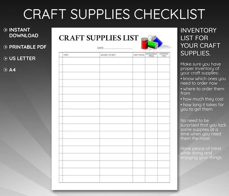 Craft Supplies Checklist Printable Instant Download - Etsy