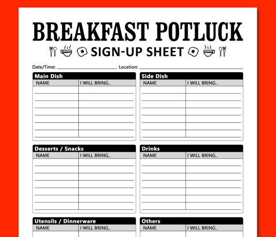Breakfast Potluck Sign up Sheet Printable Template Morning - Etsy
