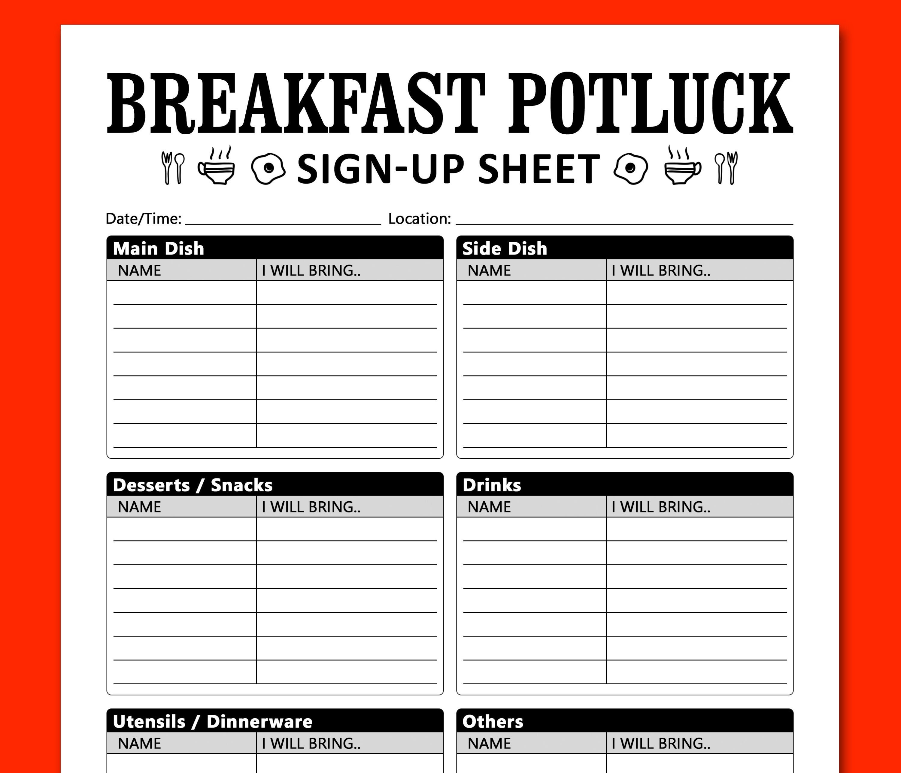 Breakfast Potluck Sign Up Sheet Printable Template Morning Celebration 