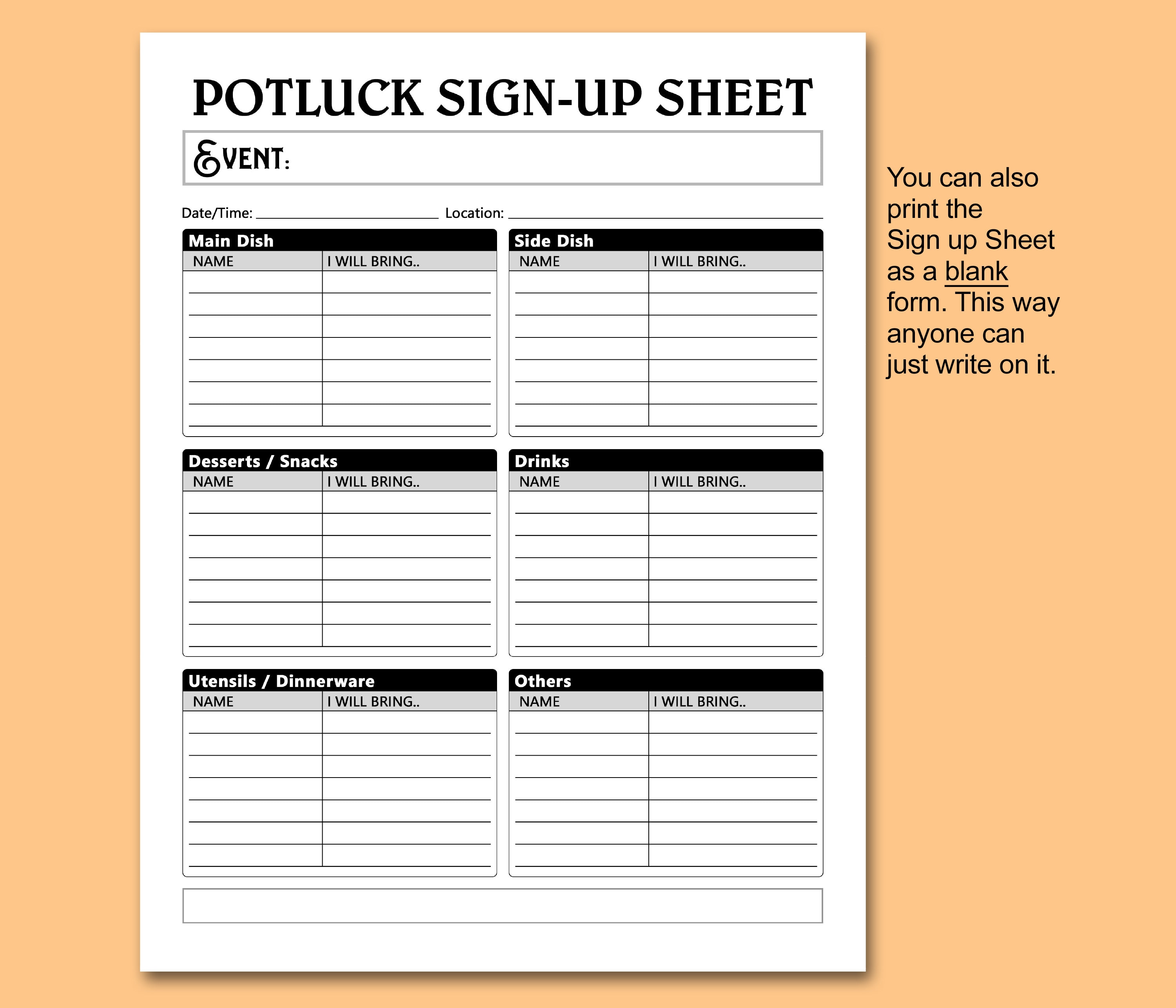 Potluck Sign up Sheet Printable Fillable PDF Dinner Party - Etsy UK