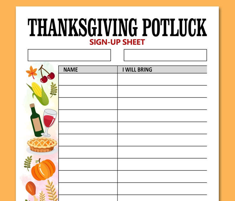 Thanksgiving Potluck Sign up Sheet Printable Letter Size, Thanksgiving ...