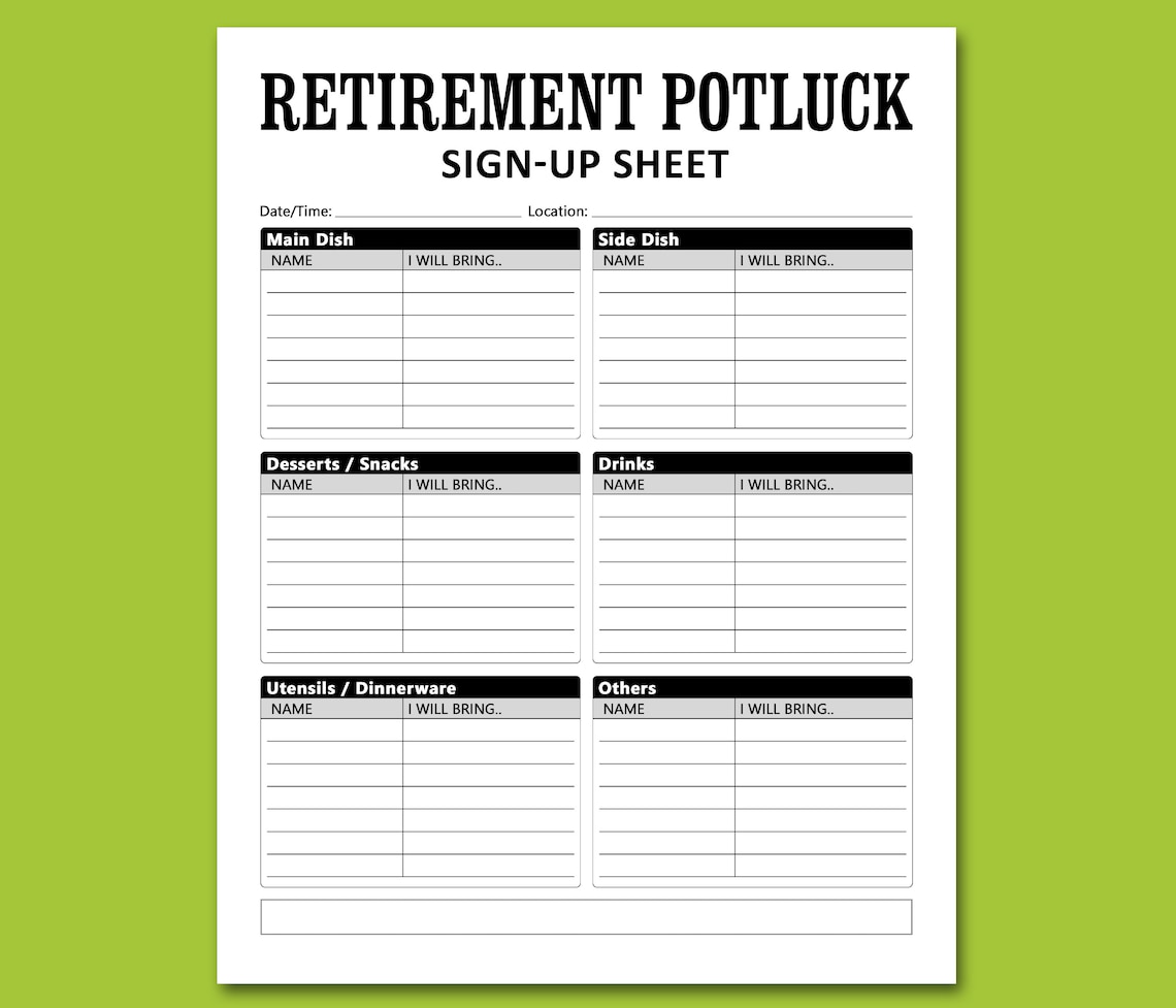 Retirement Potluck Sign up Sheet Printable Template, Brunch Dinner ...