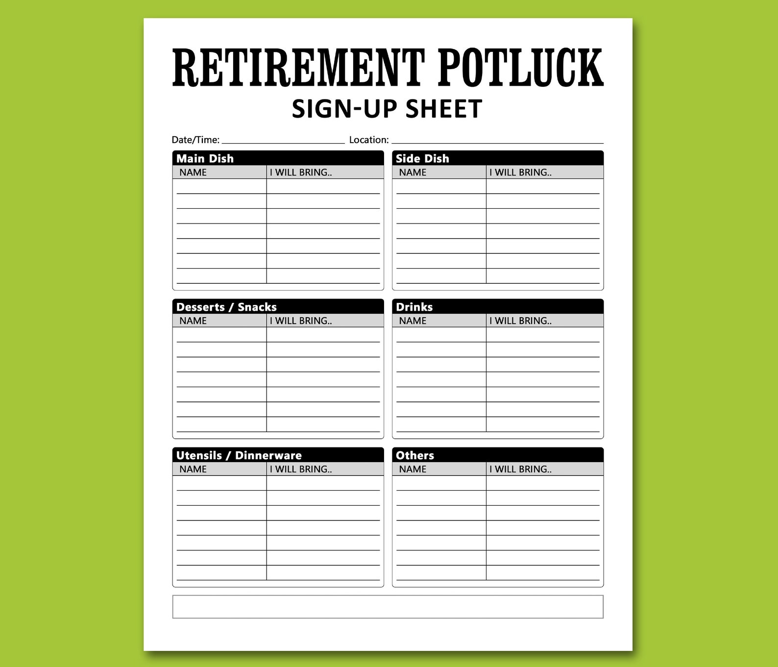 Retirement Potluck Sign up Sheet Printable Template, Brunch Dinner ...