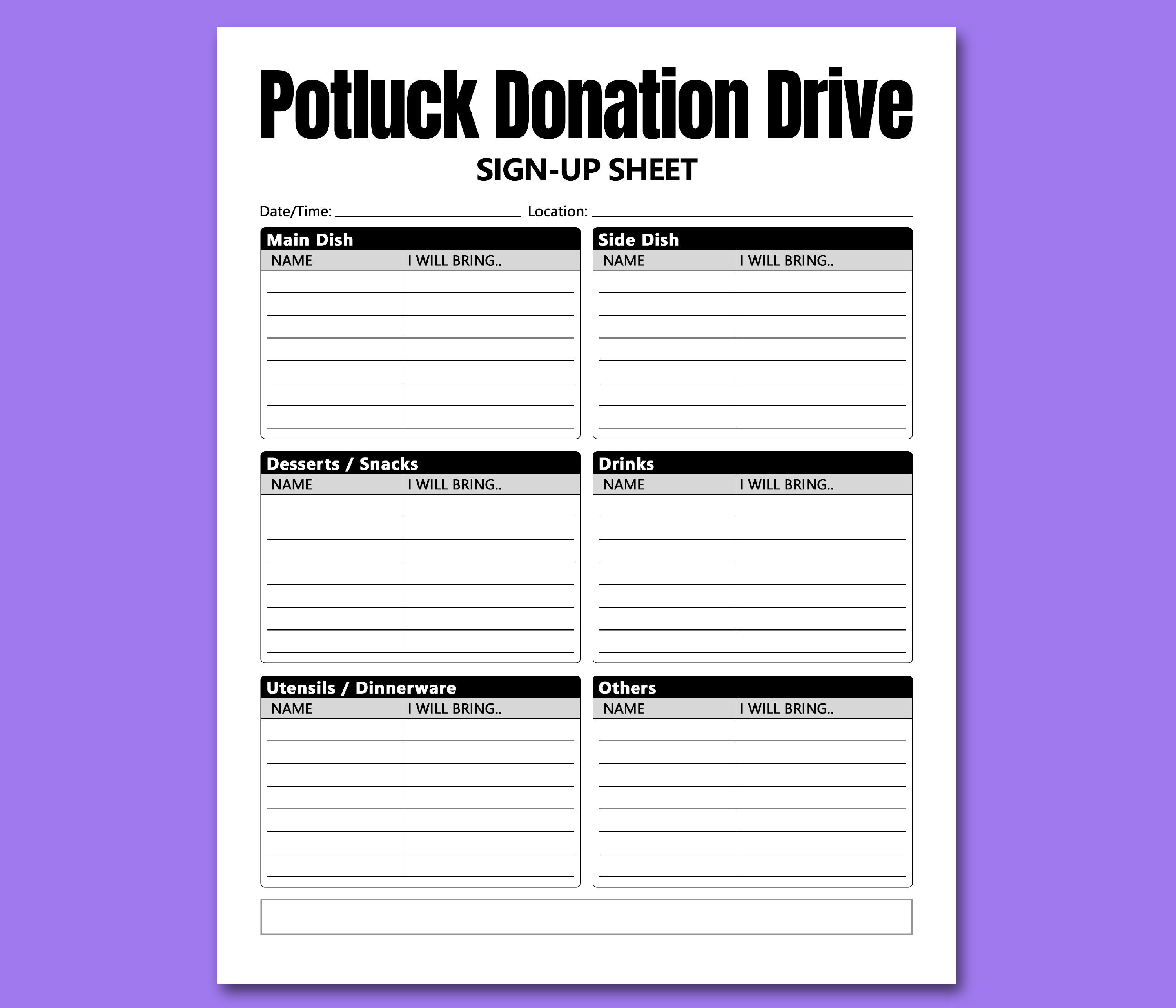 Potluck Donation Drive Sign up Sheet Printable, Signup Form Potluck ...