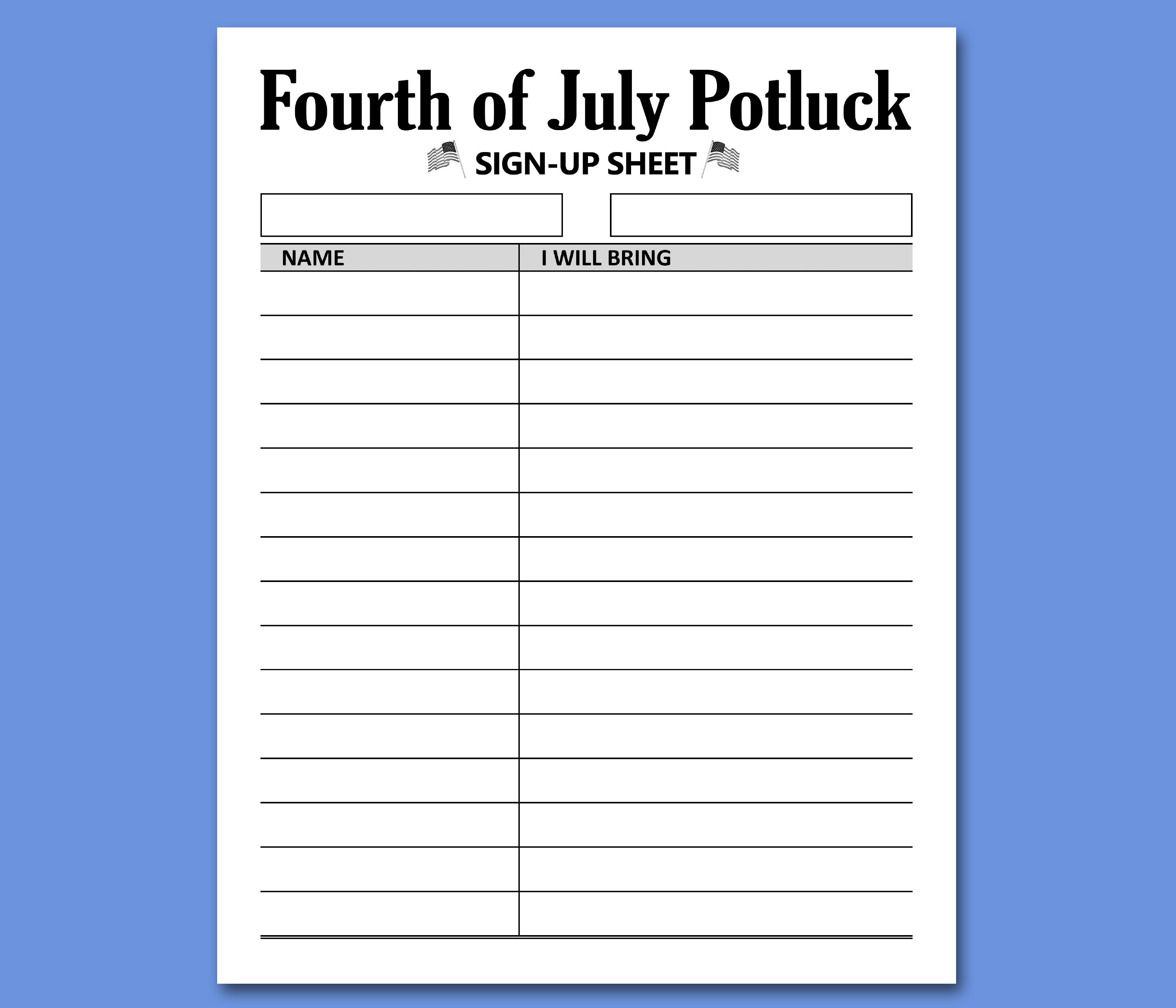Fourth of July Potluck Sign up Sheet PRINTABLE Form, Celebration ...