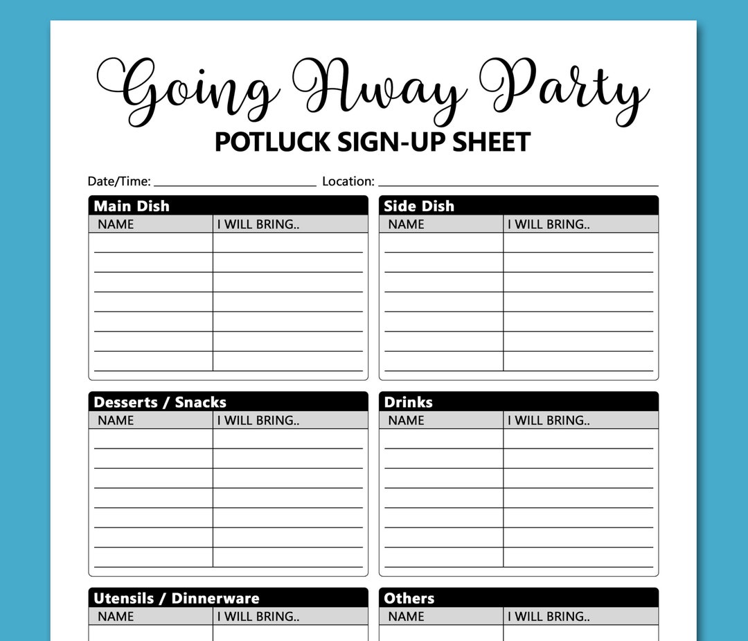 Going Away Party Potluck Sign up Sheet Printable, Signup Form Potluck ...