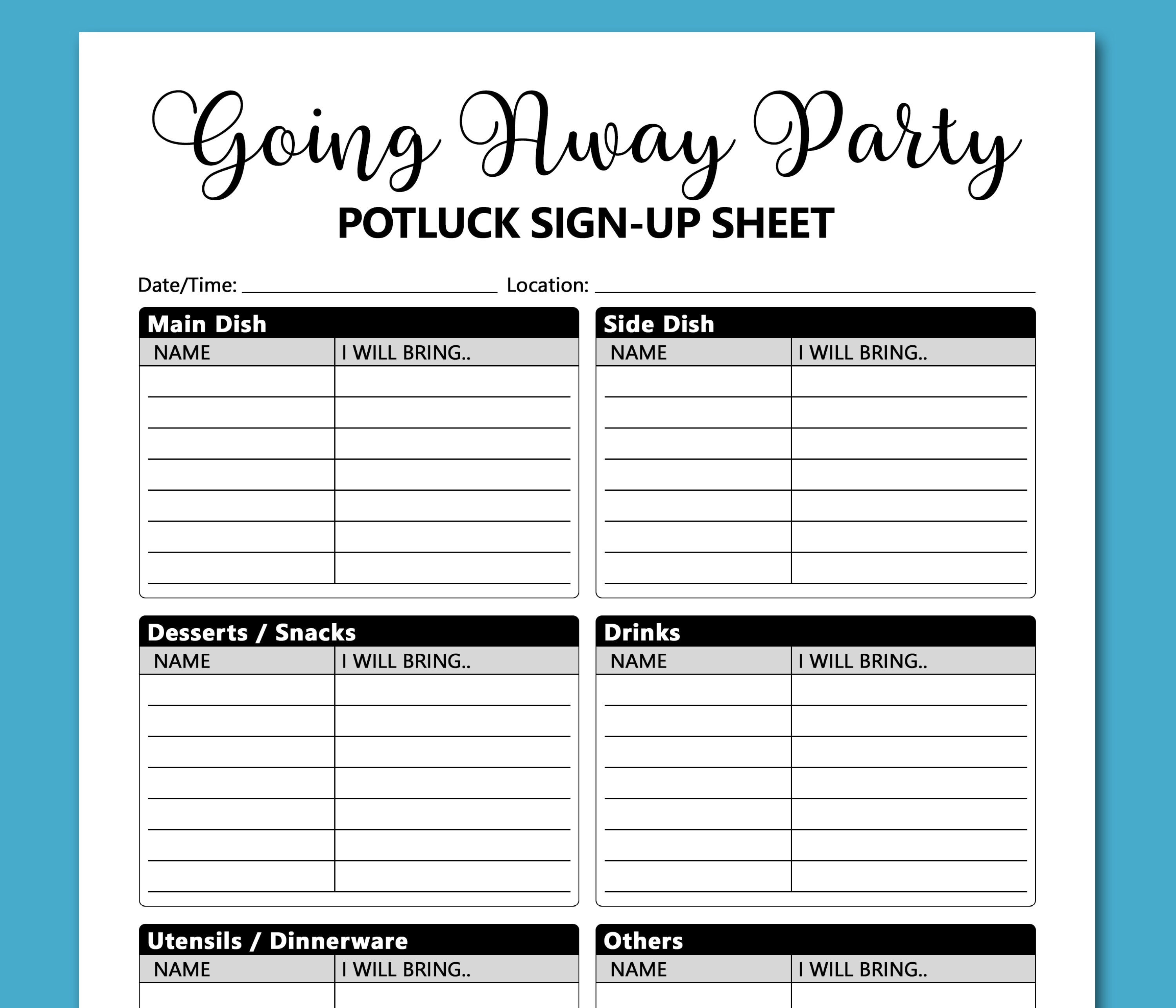 Going Away Party Potluck Sign up Sheet Printable, Signup Form Potluck ...