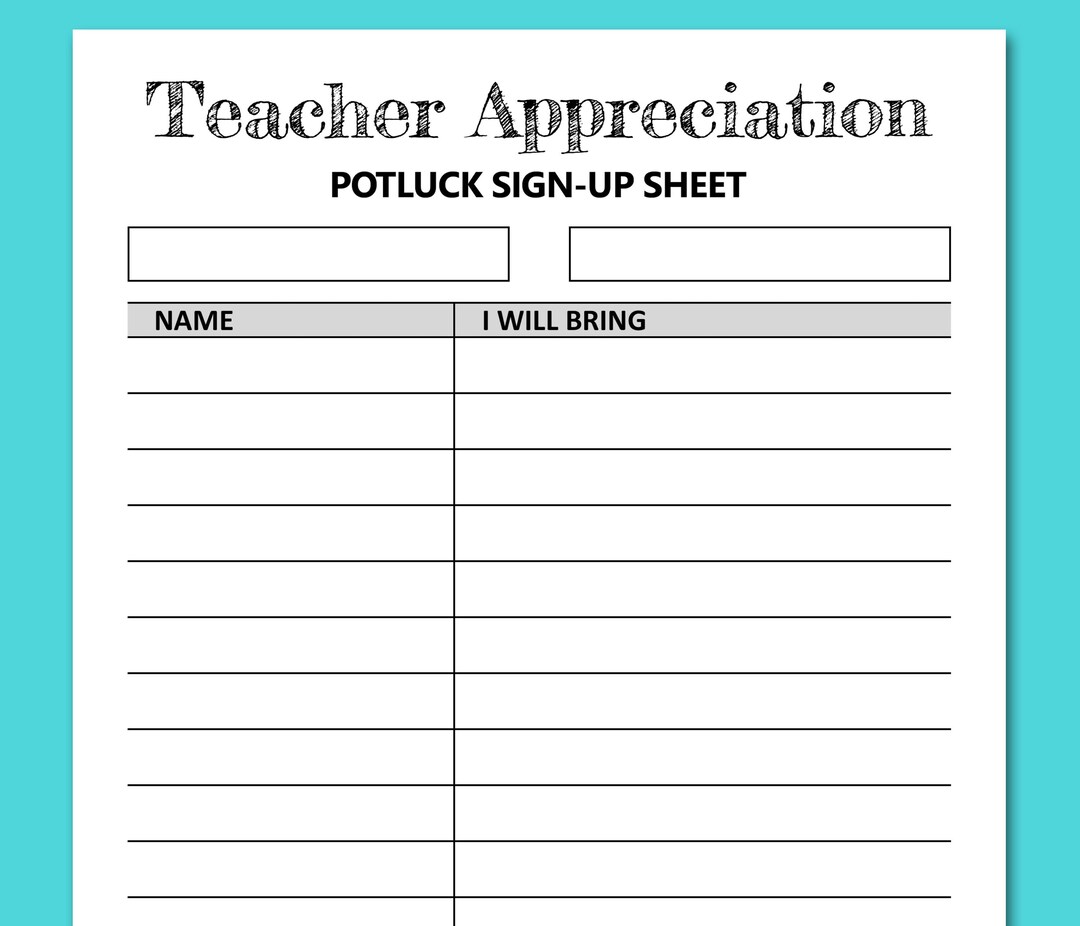 Teacher Appreciation Potluck Sign up Sheet Printable, Signup Form ...