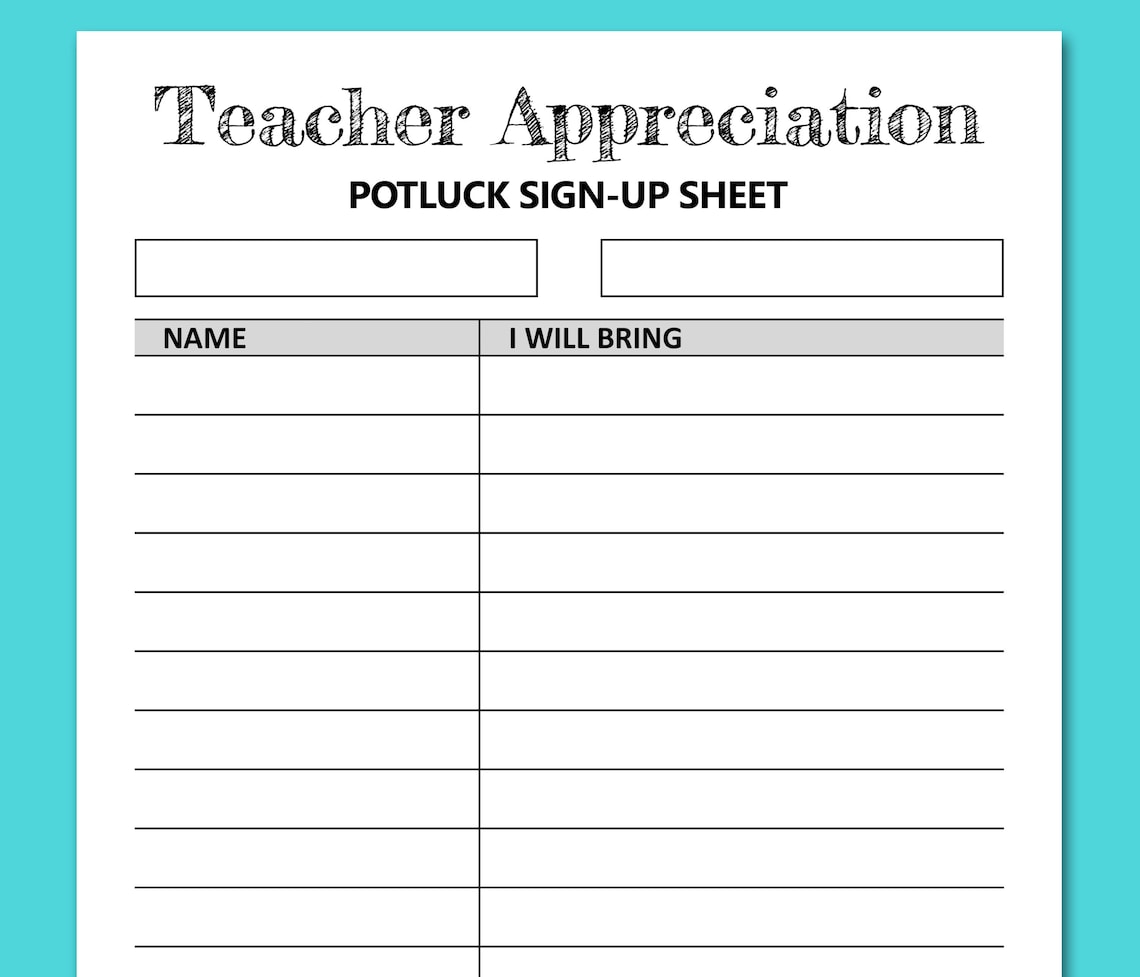 Teacher Appreciation Potluck Sign up Sheet Printable, Signup Form ...