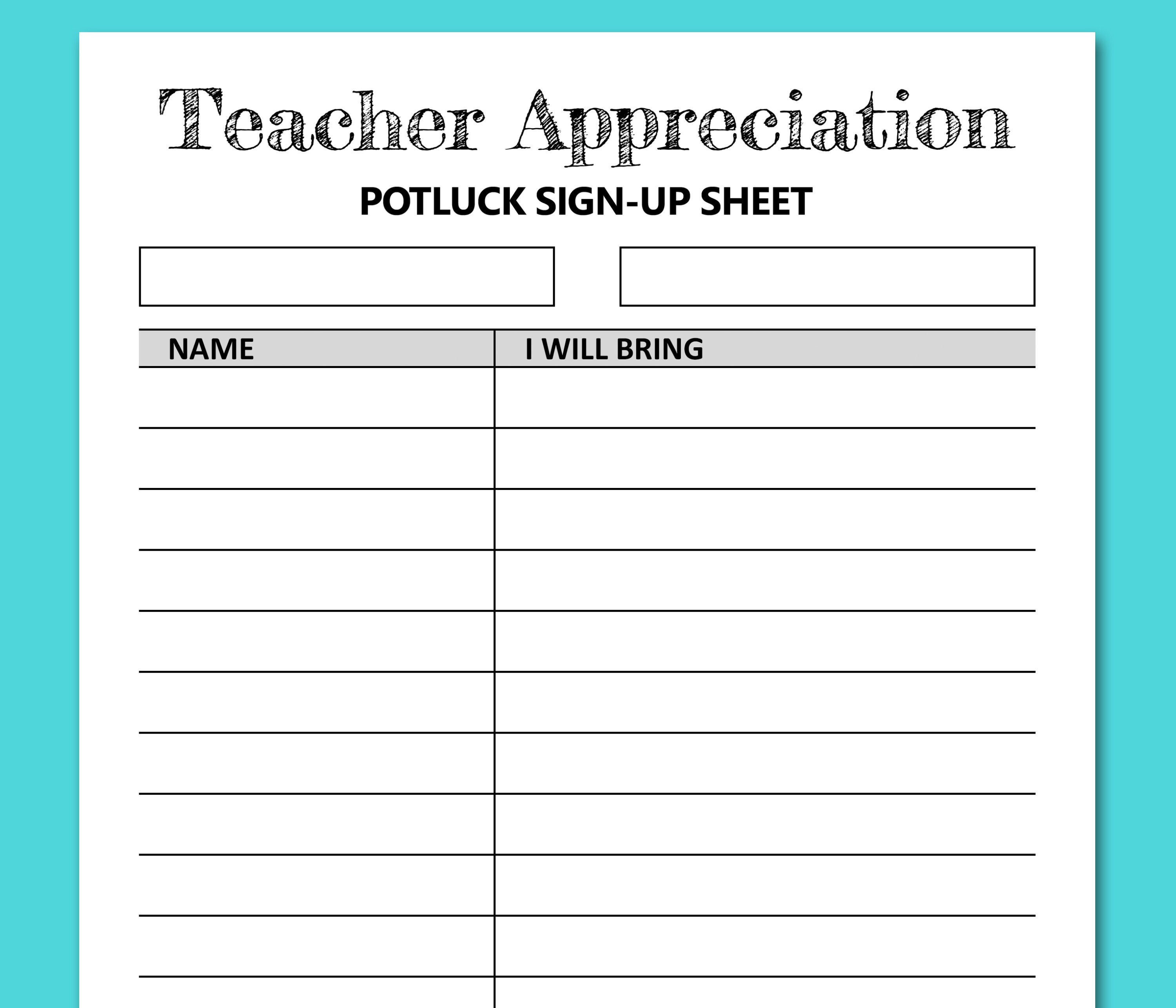Teacher Appreciation Potluck Sign up Sheet Printable, Signup Form ...