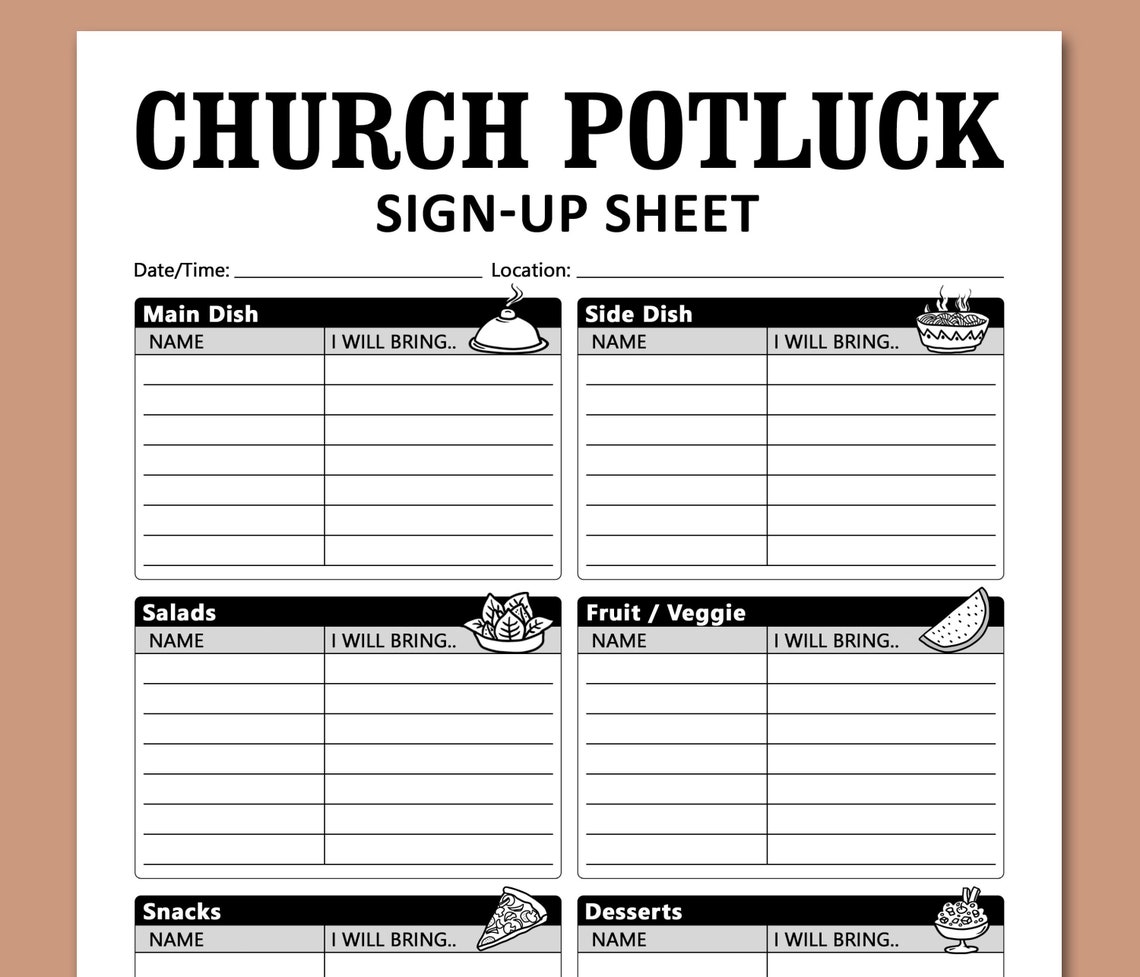 Church Potluck Sign up Sheet Printable Form, Faith Religious Community ...