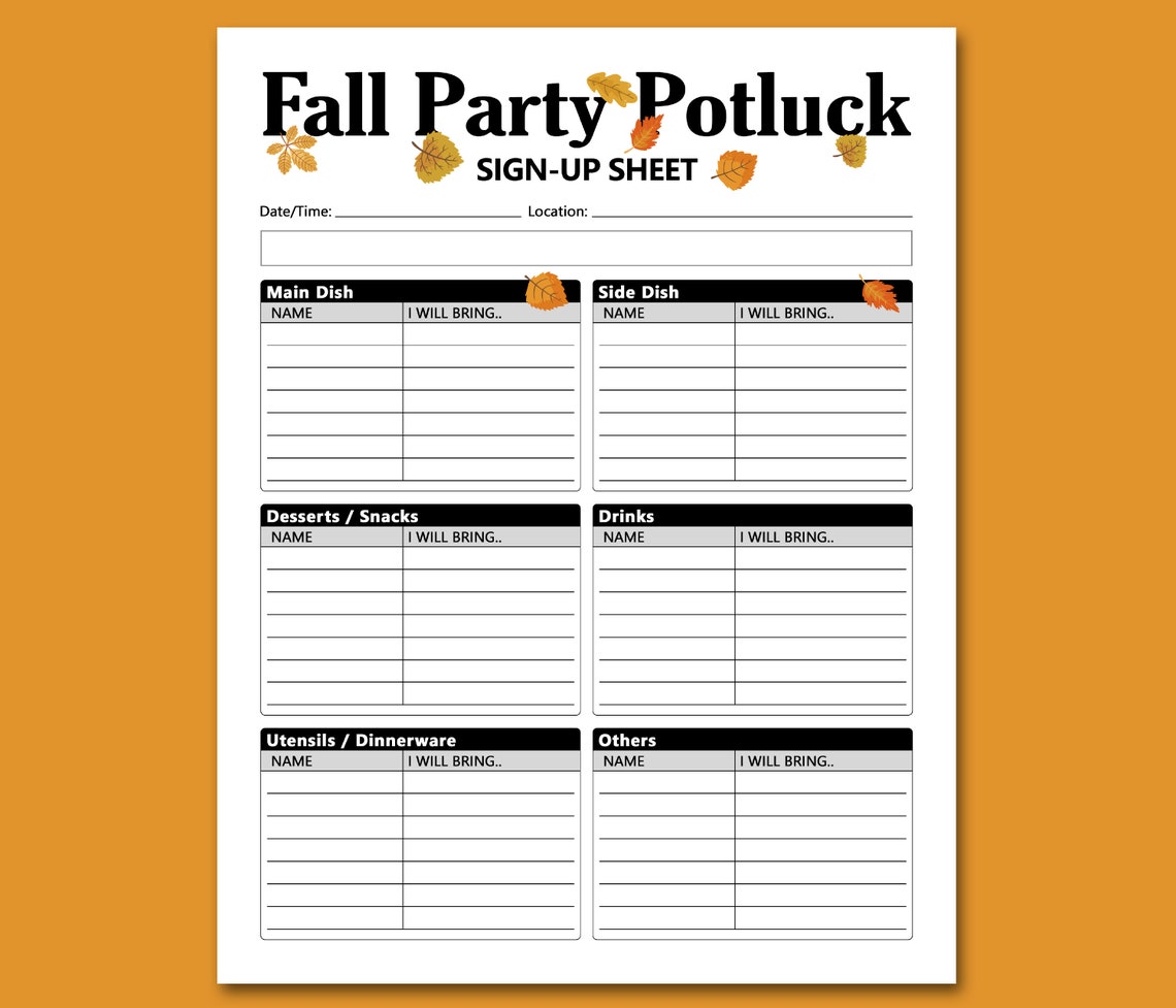 Fall Party Potluck Sign up Sheet Printable Signup Form Fall - Etsy