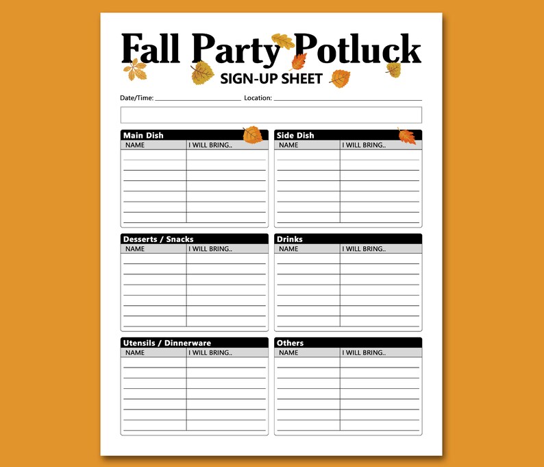 Fall Party Potluck Sign up Sheet Printable Signup Form Fall - Etsy